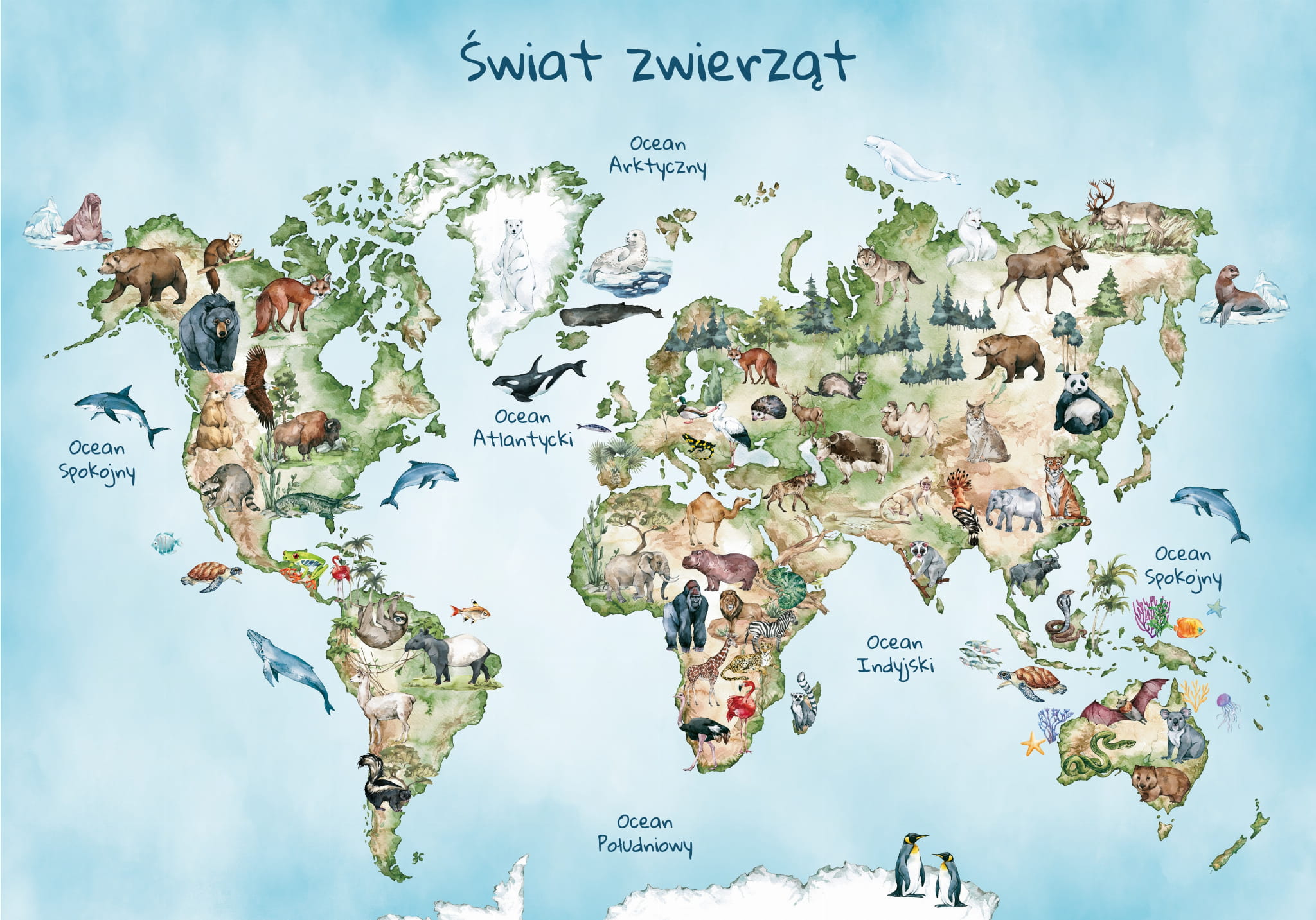 Plakat mapa świata dla dzieci ze zwierzętami bez nazw kontynentów ...
